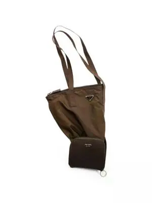 Prada Saffiano Leather Pendant With Re-nylon Tote Bag - Brown