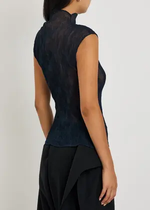 Issey Miyake Twist Pleated Semi-sheer Chiffon Top - Navy