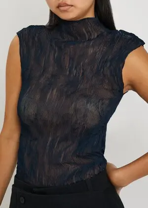 Issey Miyake Twist Pleated Semi-sheer Chiffon Top - Navy