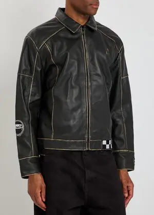 AN-Y1 Track Embroidered Leather Biker Jacket