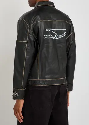 AN-Y1 Track Embroidered Leather Biker Jacket