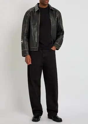AN-Y1 Track Embroidered Leather Biker Jacket