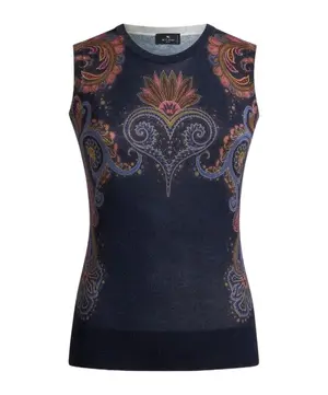 Etro Sleeveless Silk And Cashmere Top With Placed Paisley Print - Black