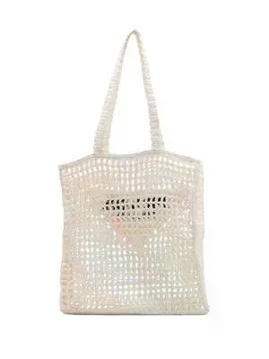 Prada 2019-2026 Raffia Effect Crochet Logo Embroidered Tote Bag - White