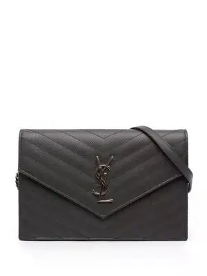 Saint Laurent 2016 Grain De Poudre Chevron Cassandre Envelope Chain Wallet Crossbody Bag - Grey