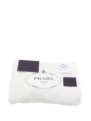 Prada Raffia Effect Crochet Logo Embroidered Shopping Tote Bag