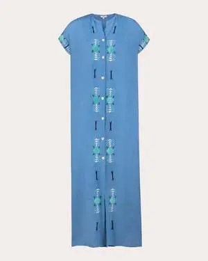 KARMA ON THE ROCKS Yuhin Embroidered Linen Button Maxi Dress - Blue