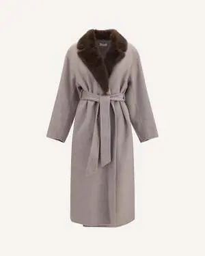 P.a.r.o.s.h Wool Coat With Fur Collar And Belt - Beige