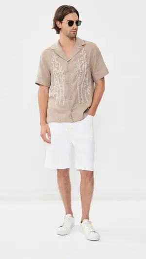 Frescobol Carioca Alves Palm Embroidered Linen Shirt