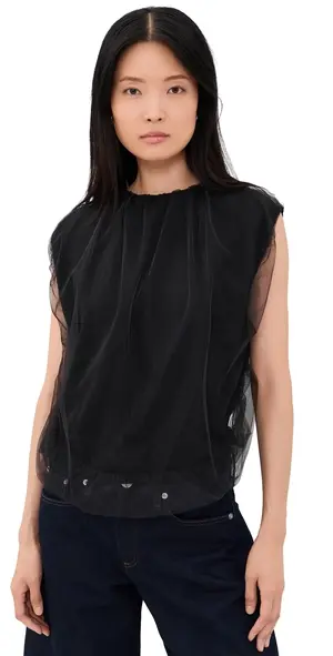 MEIMEIJ Sleeveless Tulle Jewel Neck Top - Nero