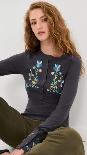Free People Fleur Embroidered Tee