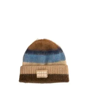 Miu Miu Striped Logo-patch Beanie Hat - Brown