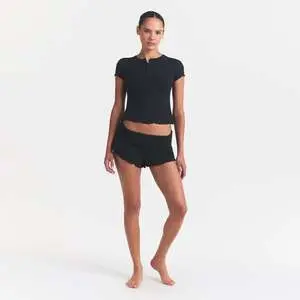 SKIMS Sleep Henley And Foldover Short Set | Black - Onyx