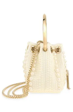 JIMMY CHOO Micro Bon Bon Faux Pearl Embellished Satin Top Handle Pouch