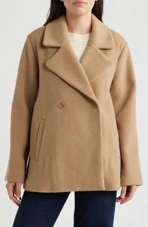 Eileen Fisher Herringbone Wool Swing Coat - Biscuit