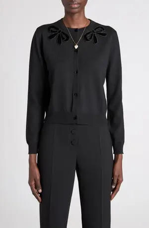 Valentino Garavani Embroidered Bow Appliqué Virgin Wool Cardigan - Black
