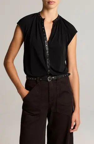 Vince Studded Split Neck Jersey Top