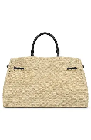 DEMELLIER The Hudson Woven Raffia & Leather Top Handle Bag