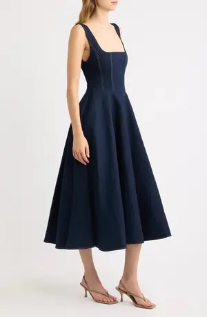 Oddmuse Square Neck Denim Midi Dress - Dark Blue