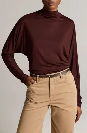 Vince Dolman Sleeve Draped Funnel Neck Top - Cherrywood
