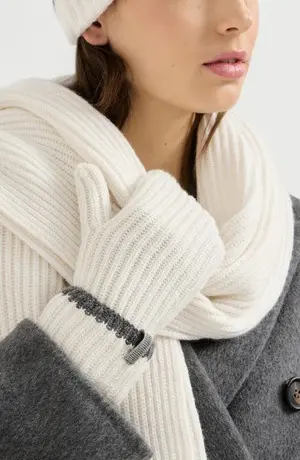 Brunello Cucinelli Cashmere Ribbed Mittens With Monili Detail - Panama