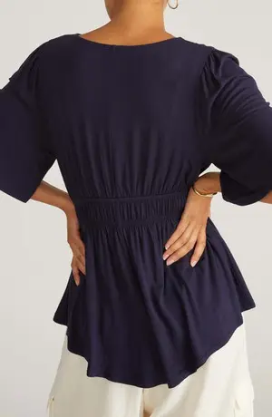 Universal Standard Liquid Jersey Peplum Top With V-neck And Elbow-length Sleeves - Midnight