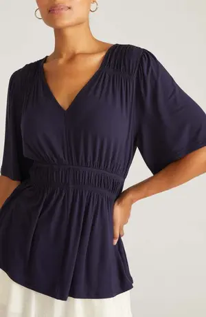 Universal Standard Liquid Jersey Peplum Top With V-neck And Elbow-length Sleeves - Midnight