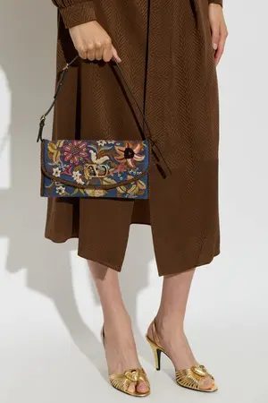 Valentino Garavani Embroidered Denim Clutch With Gold Tone Clasp