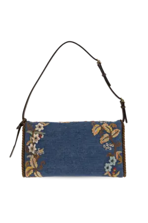 Valentino Garavani Embroidered Denim Clutch With Gold Tone Clasp
