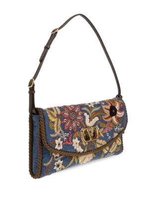 Valentino Garavani Embroidered Denim Clutch With Gold Tone Clasp