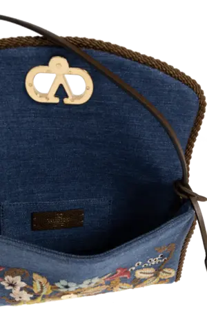 Valentino Garavani Embroidered Denim Clutch With Gold Tone Clasp