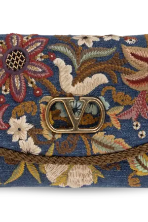 Valentino Garavani Embroidered Denim Clutch With Gold Tone Clasp