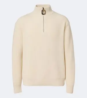 JW Anderson Ribbed-knit Wool And Cotton Sweater With Quarter Zip - Beige