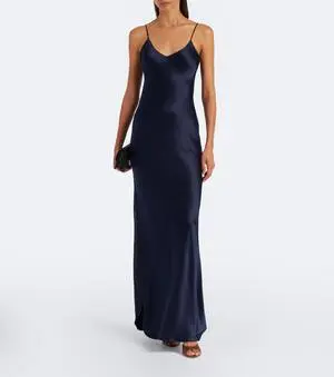 NILI LOTAN Silk Satin Maxi Slip Dress - Blue