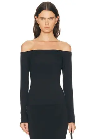 SKIMS Smooth Layers Long Sleeve Off The Shoulder Top In Black - Obsidian