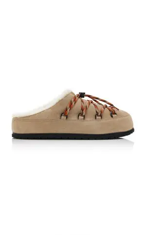 Prada Shearling-lined Suede Slip-on Mules With Hiking Laces - Taupe
