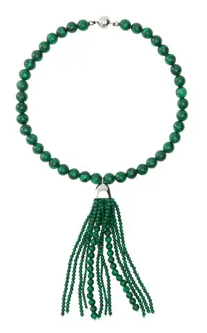 JULIETTA Rhodium-plated Brass Malachite Beaded Necklace With Tassel