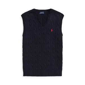 Ralph Lauren Cable-knit Cotton V-neck Sweater Vest With Embroidered Pony - Hunter Navy