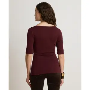 Ralph Lauren Stretch Cotton Boatneck Tee With "lrl" Monogram - Dark Garnet