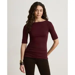 Ralph Lauren Stretch Cotton Boatneck Tee With "lrl" Monogram - Dark Garnet