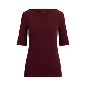 Ralph Lauren Stretch Cotton Boatneck Tee With "lrl" Monogram - Dark Garnet