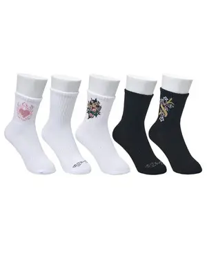 Ed Hardy Flowery Cross Print Half Cushion Mid Crew Socks 5 Pack - White Multi