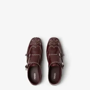Fendi Stud Double Monk Strap Loafers In Burgundy Calfskin - Red