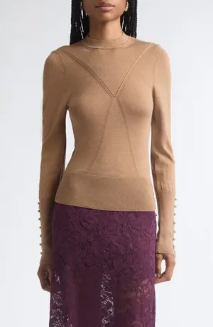 Rabanne Wool & Silk Crewneck Sweater With Button Detail - Camel