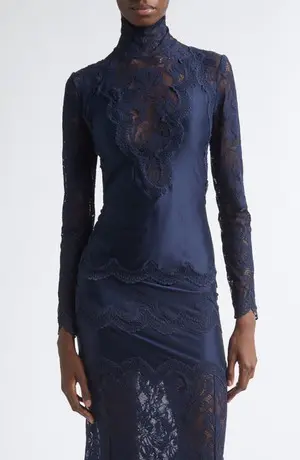 Rabanne Lace & Jersey Long Sleeve Top - Deep Navy