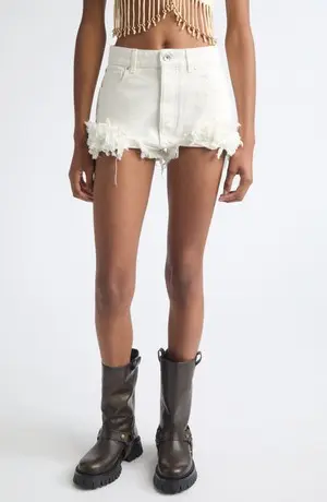 Rabanne Fringe Cutoff Denim Shorts - Off White Denim