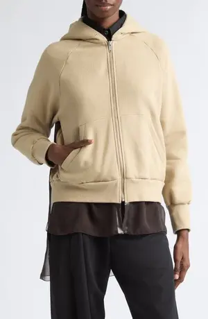 Undercover Zip Hoodie With Sheer Hem - Beige
