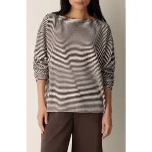 Eileen Fisher Striped Organic Cotton Bateau Neck Boxy Top - Truffle