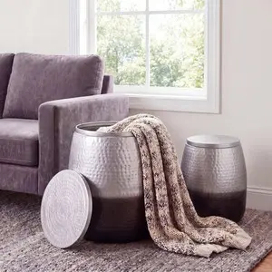 HAPPIMESS Merida Modern Rustic 2-piece Hammered Metal Drum Storage Side Tables With Lids