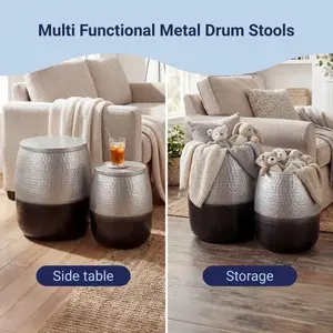 HAPPIMESS Merida Modern Rustic 2-piece Hammered Metal Drum Storage Side Tables With Lids